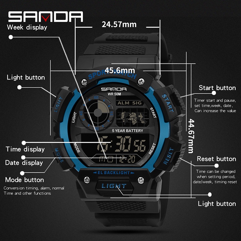 SANDA Men Watch Sports Waterproof Watch LED Display Multifunction Men's ...