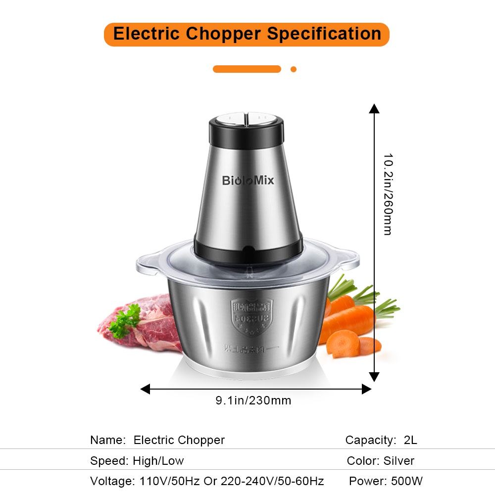 BioloMix Stainless Steel 2 Speeds Electric Food Chopper Meat Grinder with Extra Blades (2L ...