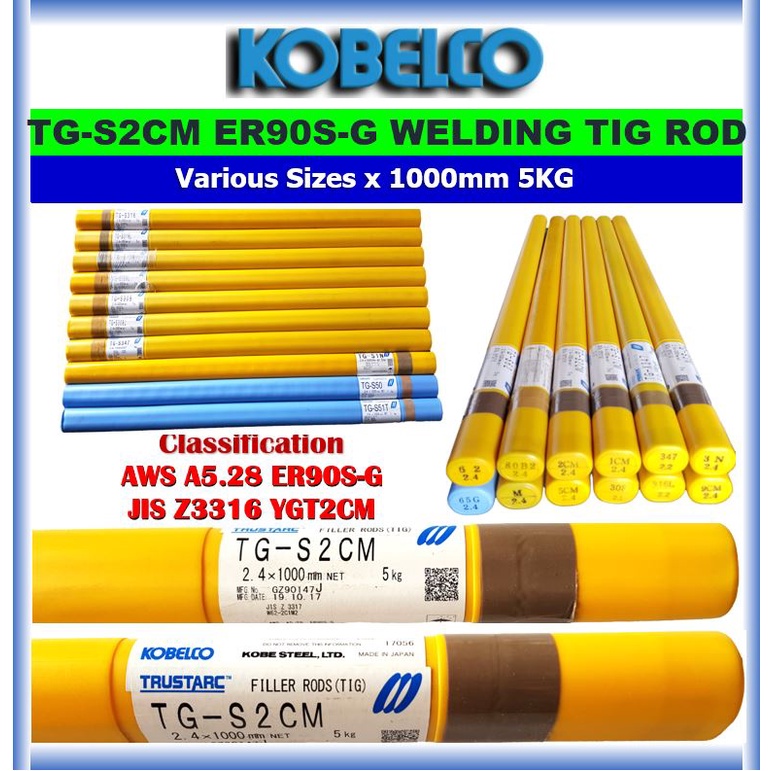 KOBELCO WELDING TIG ROD TG-S2CM ( TGS2CM , TGS-2CM ) ER90S-G - Various Sizes X 1000MM 5KG ...