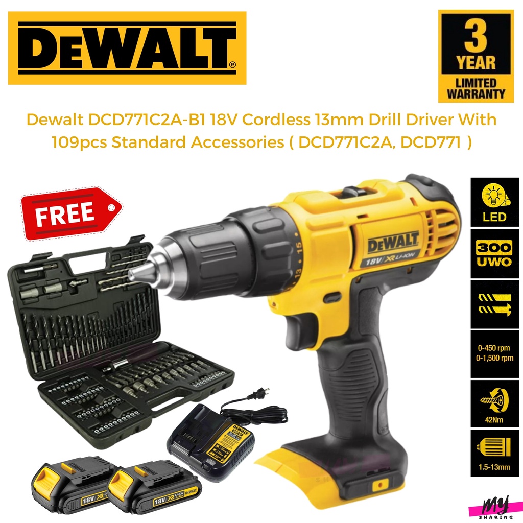 DEWALT DCD771C2A-B1 18V Cordless 13mm Drill Driver With 109pcs Standard ...