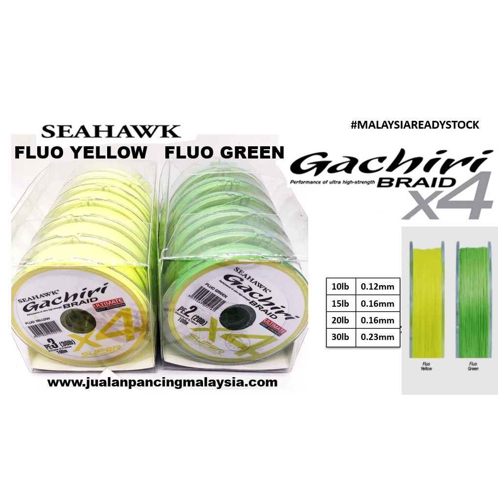 Seahawk Gachiri X4 100M FLUO YELLOW & FLUO GREEN Braid Line | Shopee ...