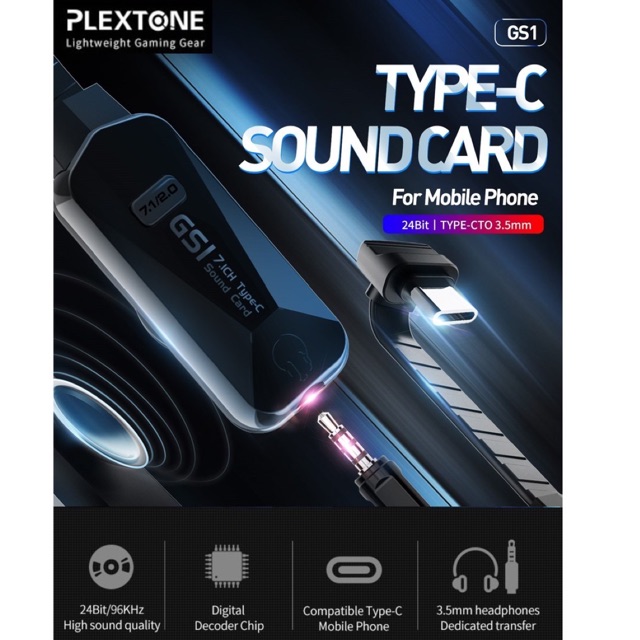 PLEXTONE GS1 Type C to 3.5mm AUX CONVERTER Sound Card Virtual 7.1 CH ...