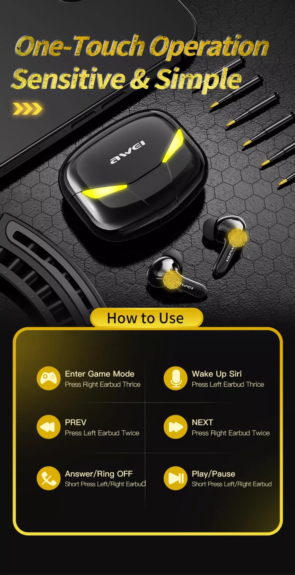 Awei T35 TWS Gaming Earbuds With Mic Wireless Stereo Low Latency Earfon ...
