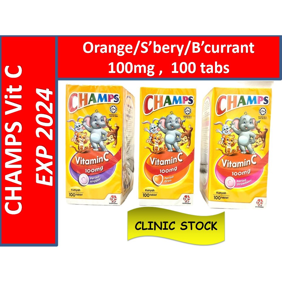 CHAMPS Vitamin C 100mg (100 tabs) ORANGE/STRAWBERRY/BLACKCURRANT ...