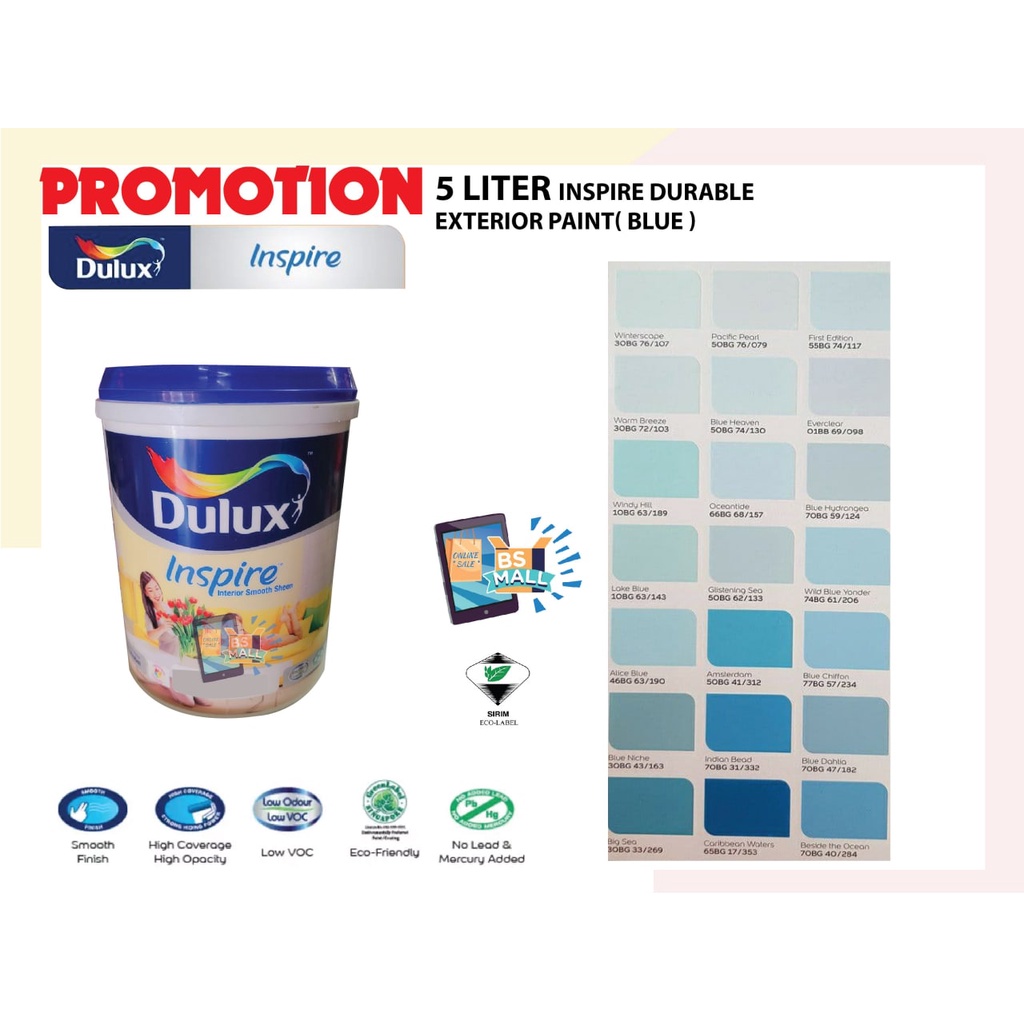 BS MALL 5 Litre ICI DULUX Inspire Interior Smooth Sheen Paints (Blue ...