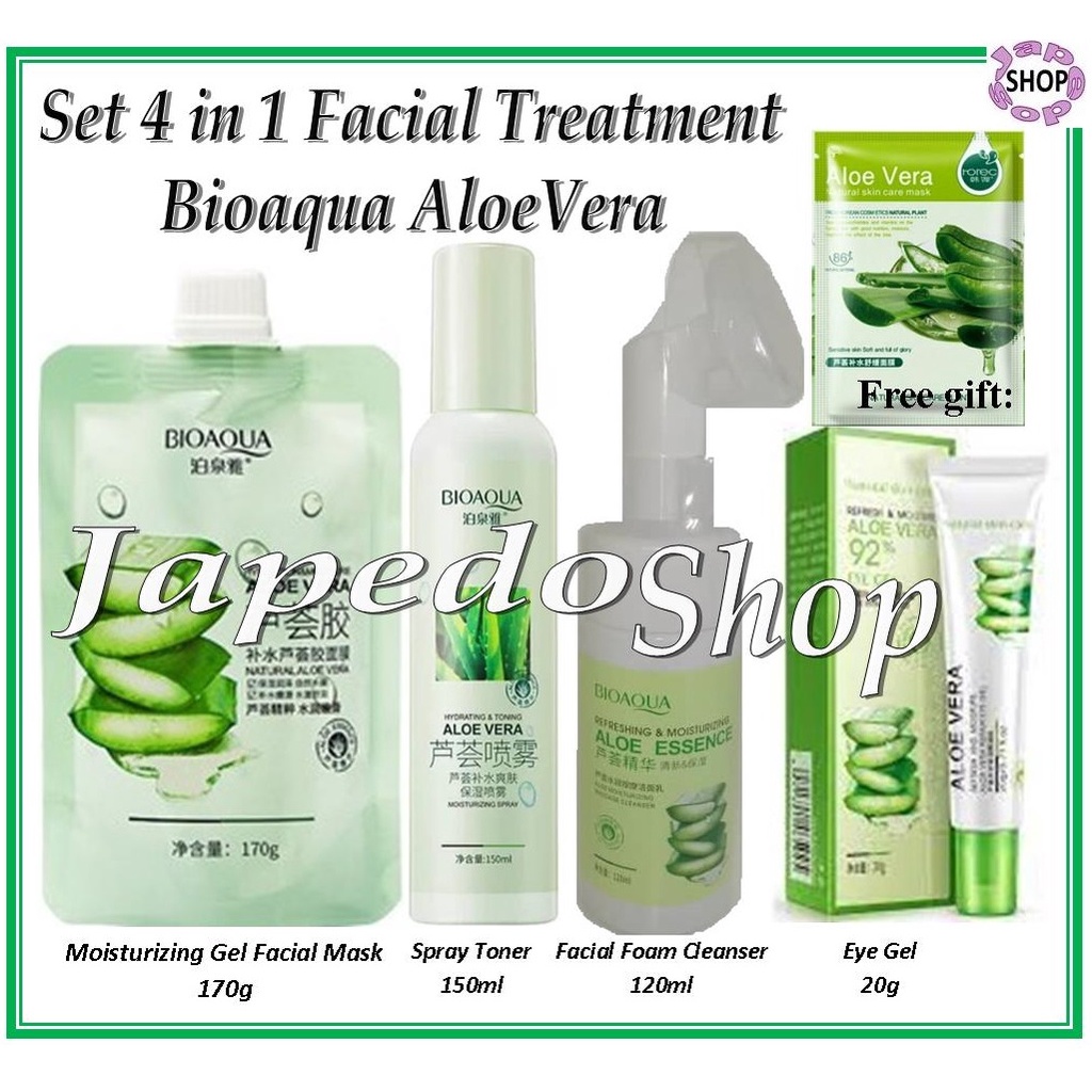 Set (4 in 1) BIOAQUA Aloe Vera Facial Foam Cleanser 120ml, Facial Gel 170g, Spray Toner 120ml ...