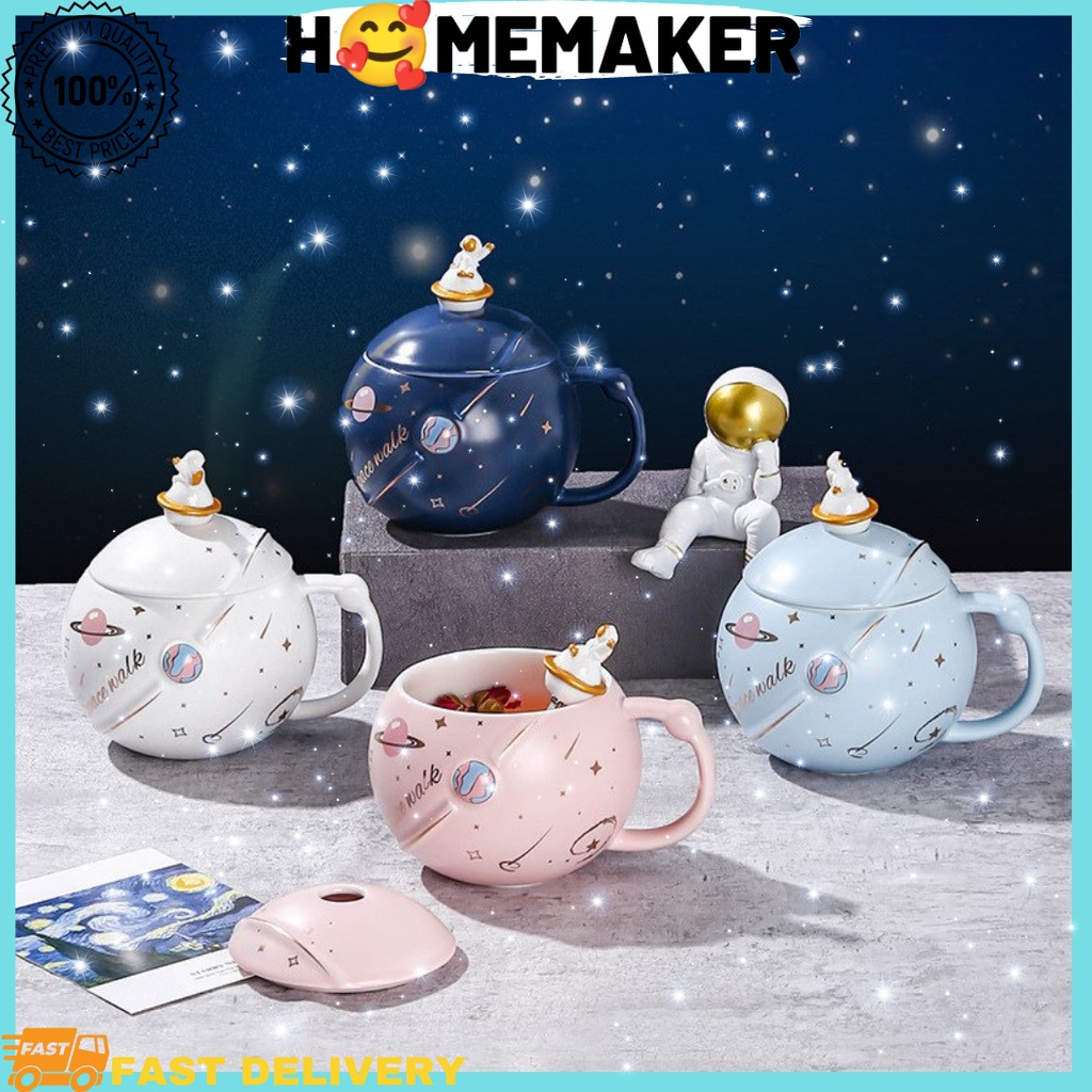 【DODO+】401-500ml Cute Astronaut ceramic cup with lid spoon Cawan ...