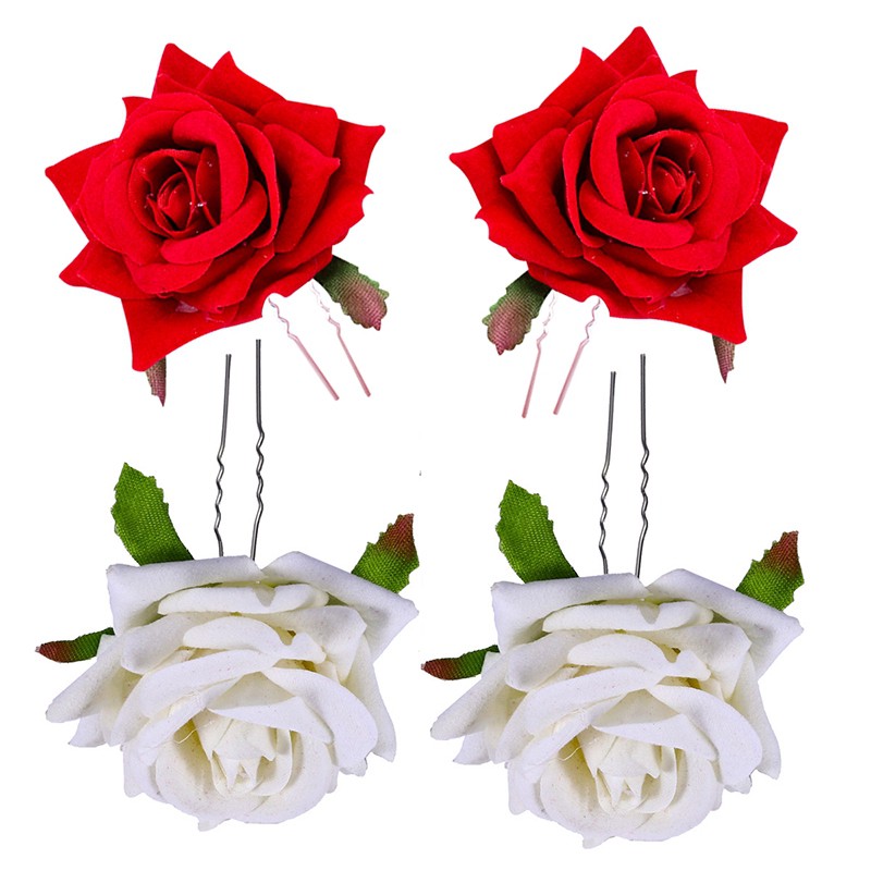 1pcs New Bride Simulation Red Rose U-shaped Hair Fork Hair Ornament ...