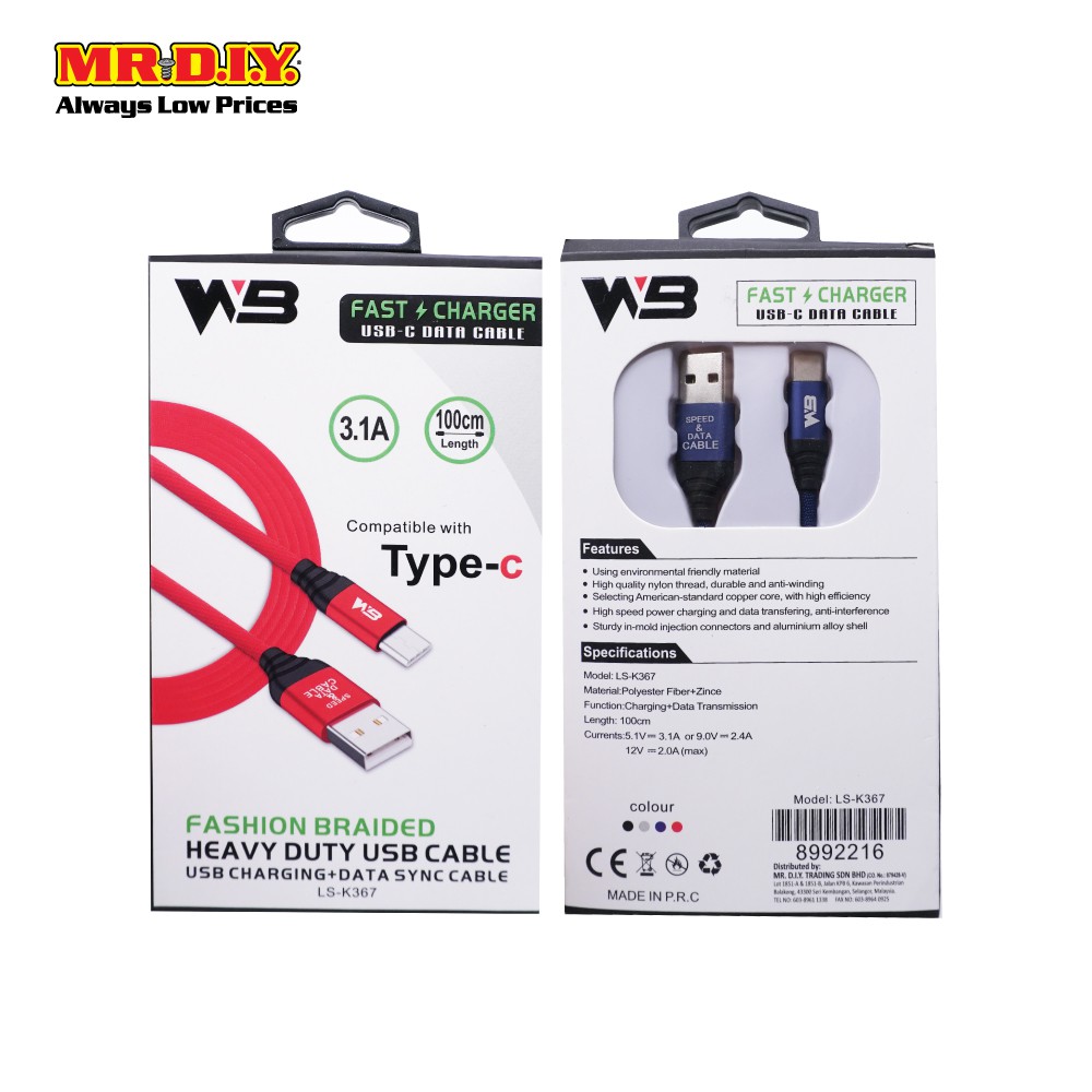 WB Fashion Braided Heavy Duty Type-C USB 3.1A Fast Charge Data Cable LS ...