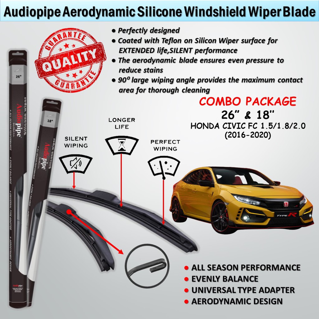 Audiopipe Aerodynamic Silicone Windshield Wiper Blade Combo 26"/18" For ...