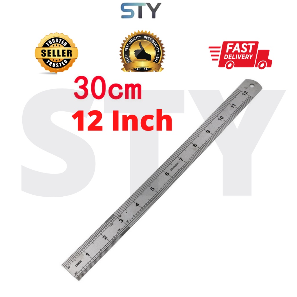 STY 30cm Metal Ruler 12" Stainless Steel Straight Ruler Stationery ...
