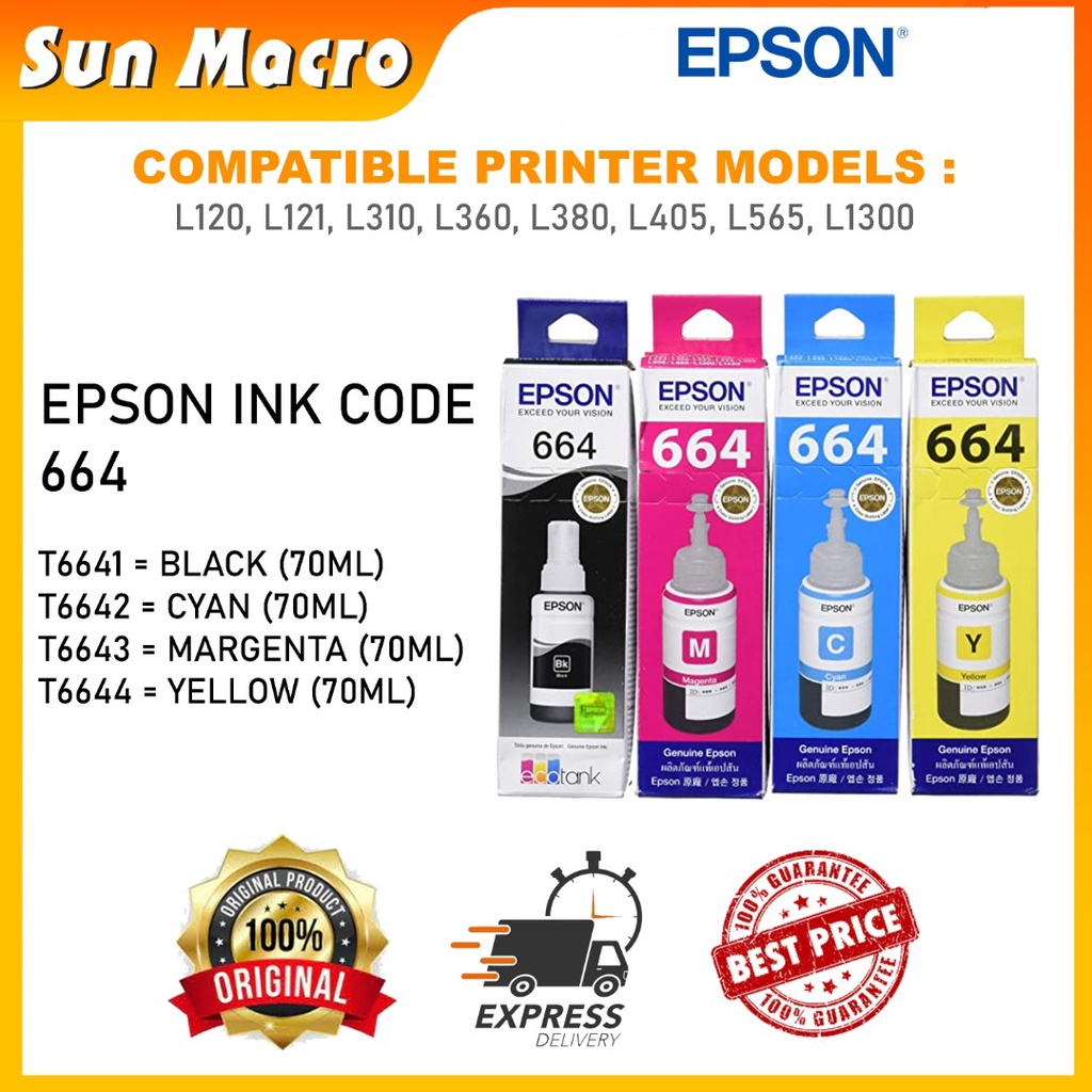 EPSON T664 INK L120/L210/L360/L385/L1300 (100% ORIGINAL) | Shopee Malaysia