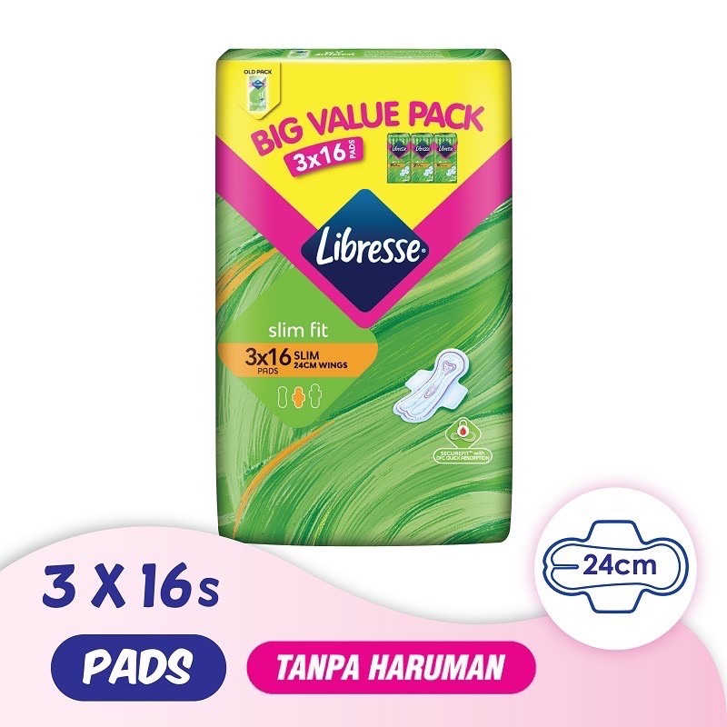 Libresse Slim Fit Slim Wing 24cm (3x16 Pads) 薇尔卫生棉 48片装 (3包x 16片 ...