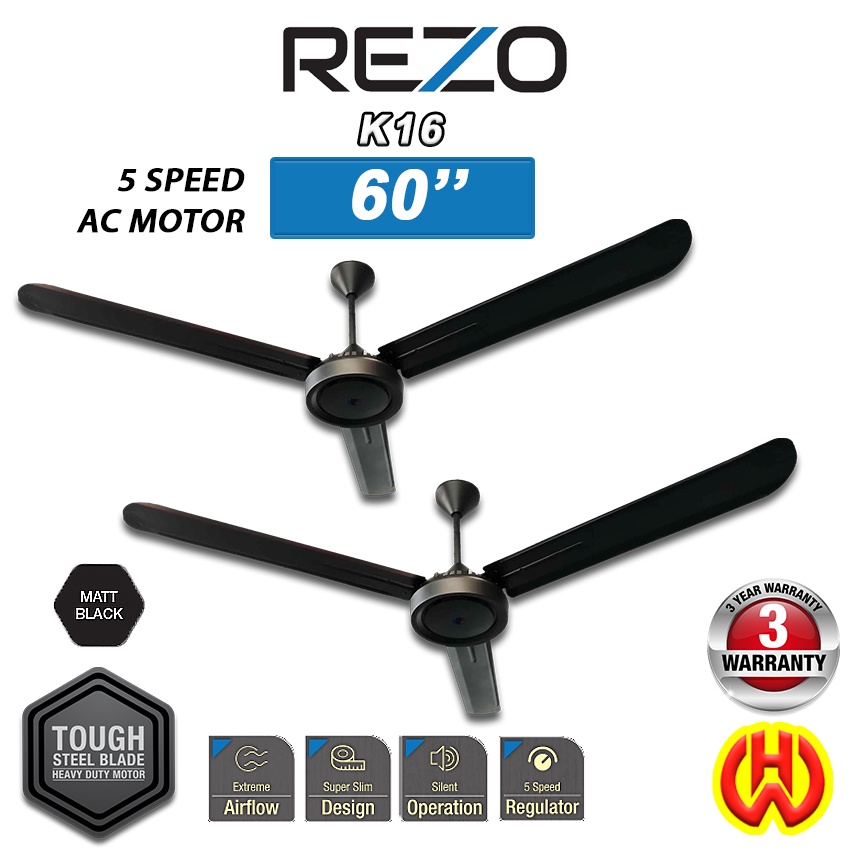 REZO K16 Ceiling Fan 60" 3 Blades Regulator Ceiling Fan Matt Black Twin ...
