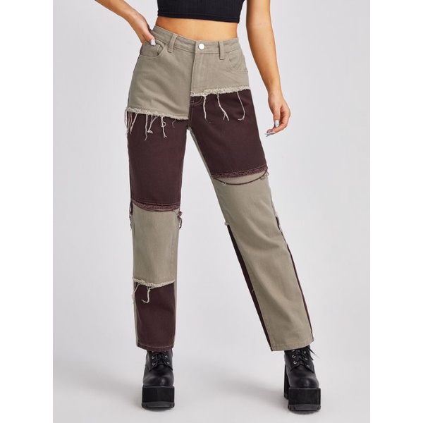 Colorblock Raw Trim Cropped Jeans | Shopee Malaysia