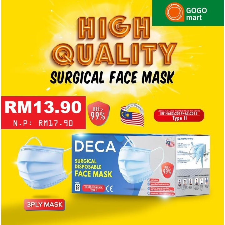 DECA Surgical Face Mask 50's [Made in Malaysia] 99% 3 ply Type II ...