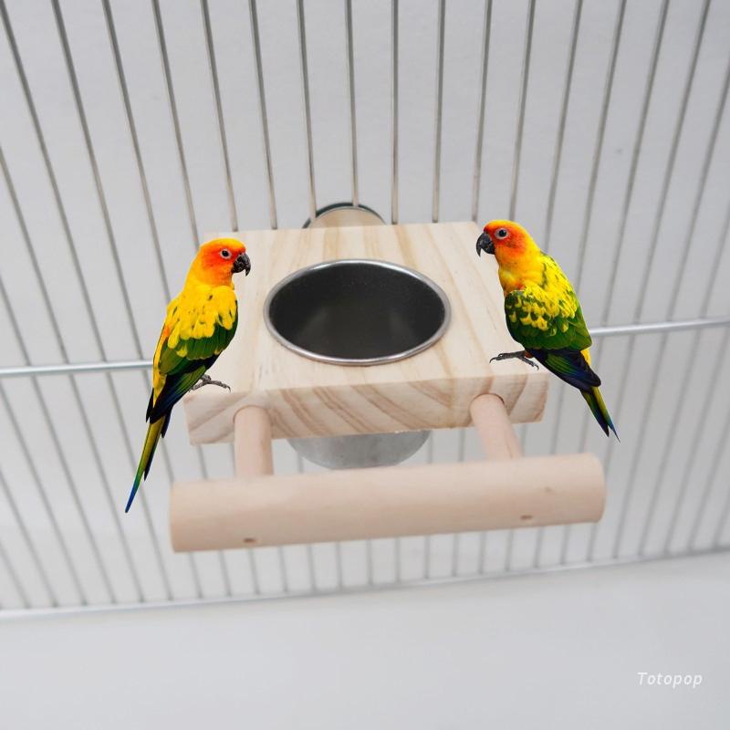 Top Hanging Parrot Feeder Stainless Steel Water Bowls with Perch for ...