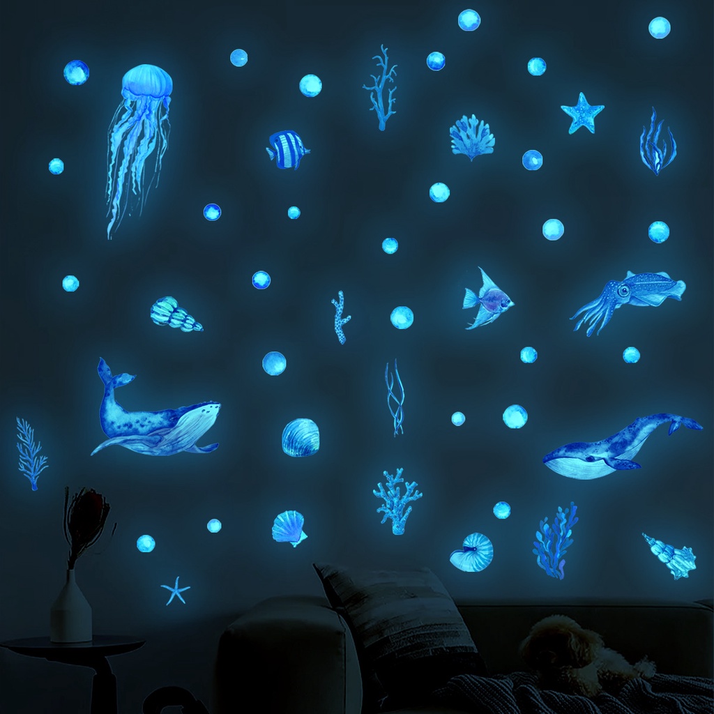 Glow in The Dark Sea Wall Stickers Ocean Themed Fluorescent Stickers Sea World Creature Stickers ...