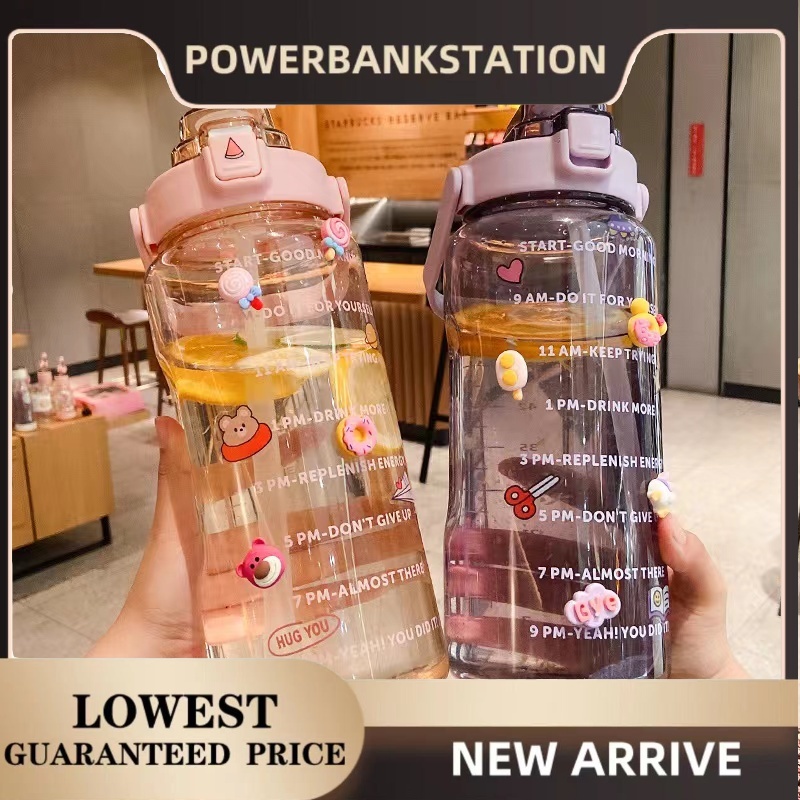 PSB_ 2000ml Reminder water bottle with straw scale big bottle 2Liter gym bottle sport water ...