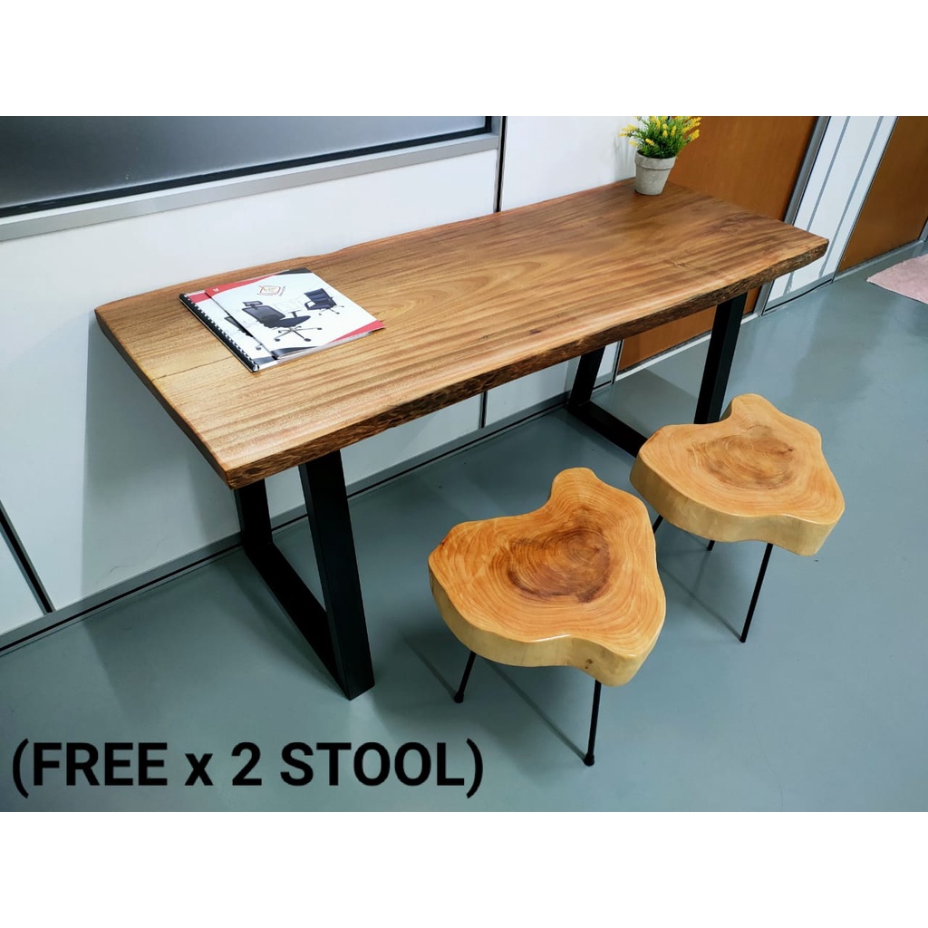 (FREE 2 STOOL) Solid Wood Slab Office Table 150 x 55 x 75CM Natural ...
