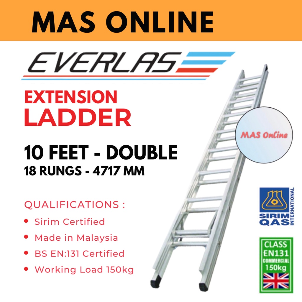 10 Kaki Everlas Tangga Slide Aluminium Double Extension Ladder Heavy ...