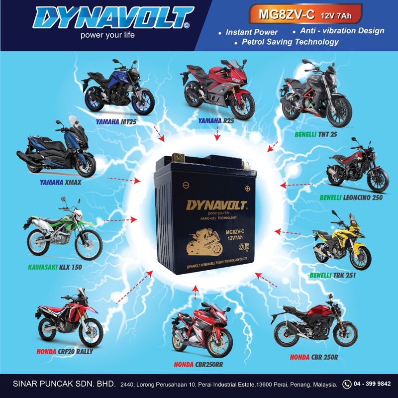 DYNAVOLT BATTERY MOTOR MOTORCYCLE MG8ZV-C YAMAHA HONDA KAWASAKI BENELLI ...