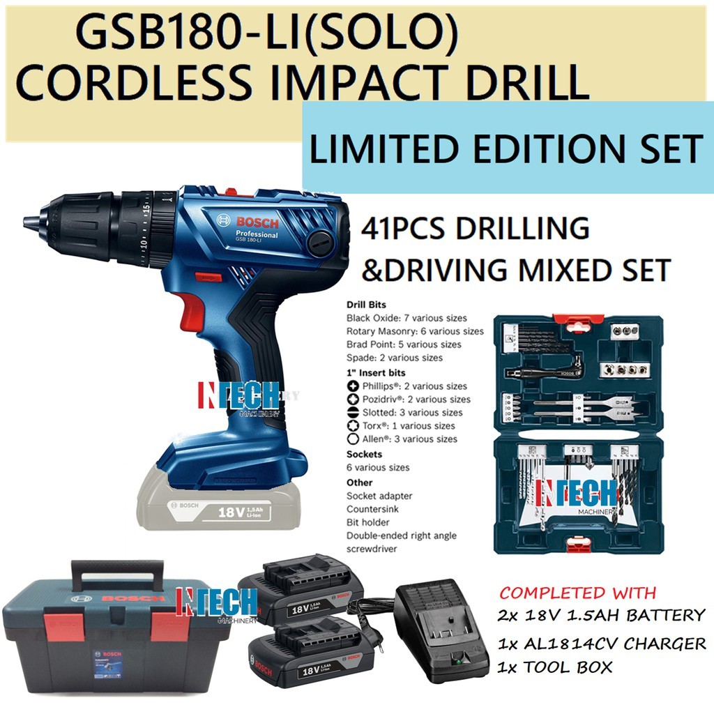 BOSCH COMBO GSB180-LI CORDLESS IMPACT DRILL+1x1814CV+2x1.5AH+TOOLBOX+V ...