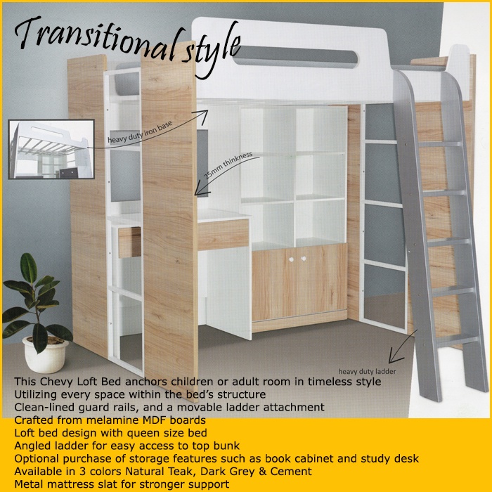 Chevy Stylish Queen Loft Bed with Ladder Optional Study Desk & Book ...