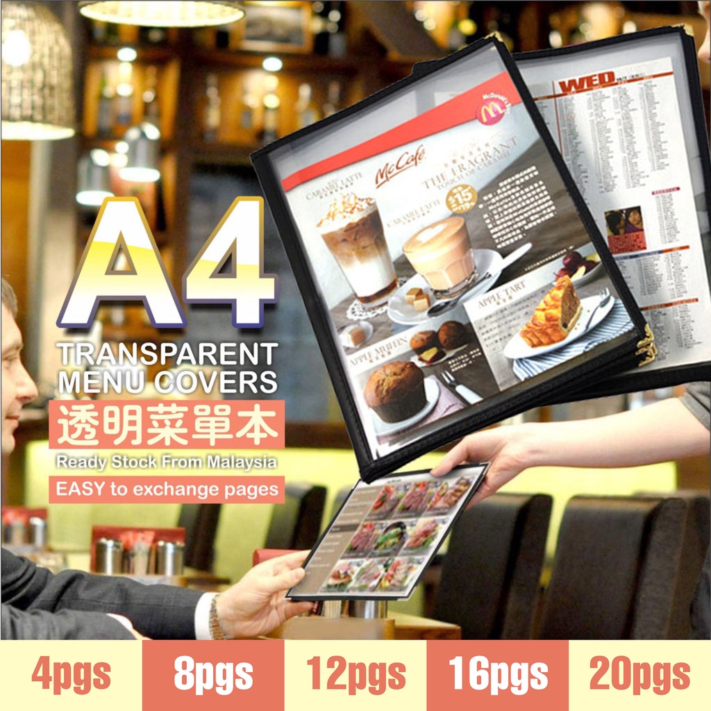 A4 Restaurant Cafe Clear Menu Cover | Transparent Menu Holder ...
