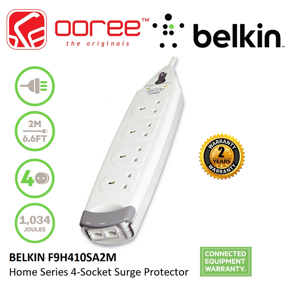 BELKIN F9H410SA2M 4 UK PLUGS EXTENSION SOCKET WITH TEL PORT , SURGE ...