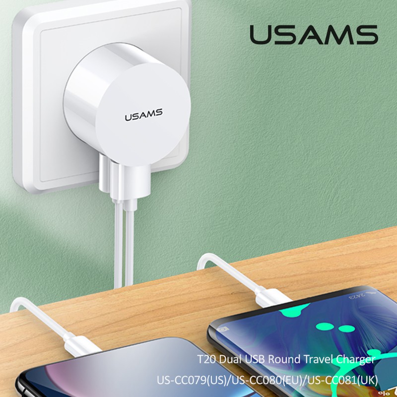 USAMS T20 EU/US/UK Plug Dual USB Ports Round Travel Charger (10W ...