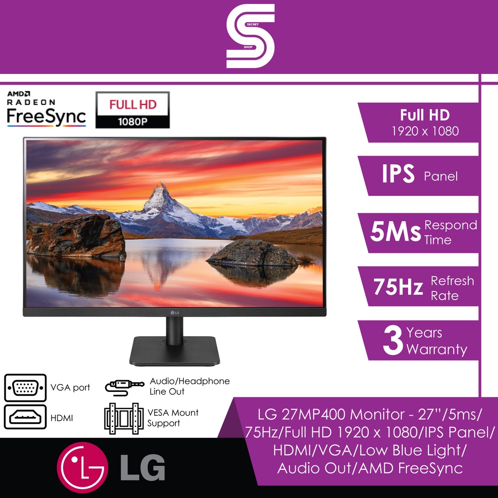 LG 27MP400 Monitor - 27”/5ms/ 75Hz/Full HD 1920 x 1080/IPS Panel/HDMI ...
