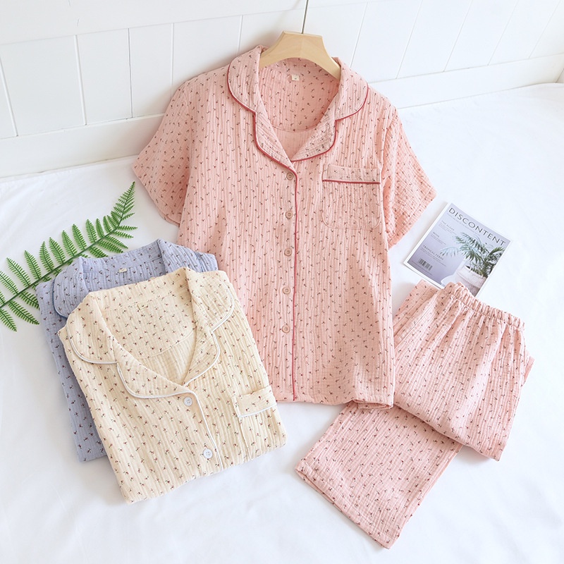 [Ready Stock]Women 100% Cotton Crepe Short Sleeve Trousers Pajama Set ...