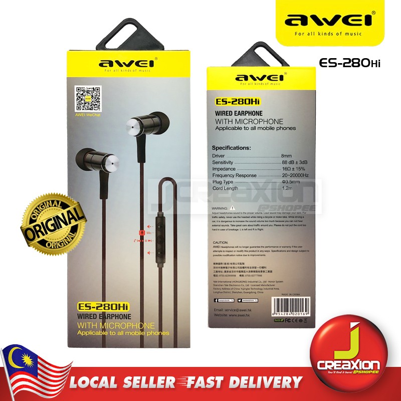 AWEI ES-280Hi Wired Earphones with Microphone 3.5mm (black) | Shopee Malaysia