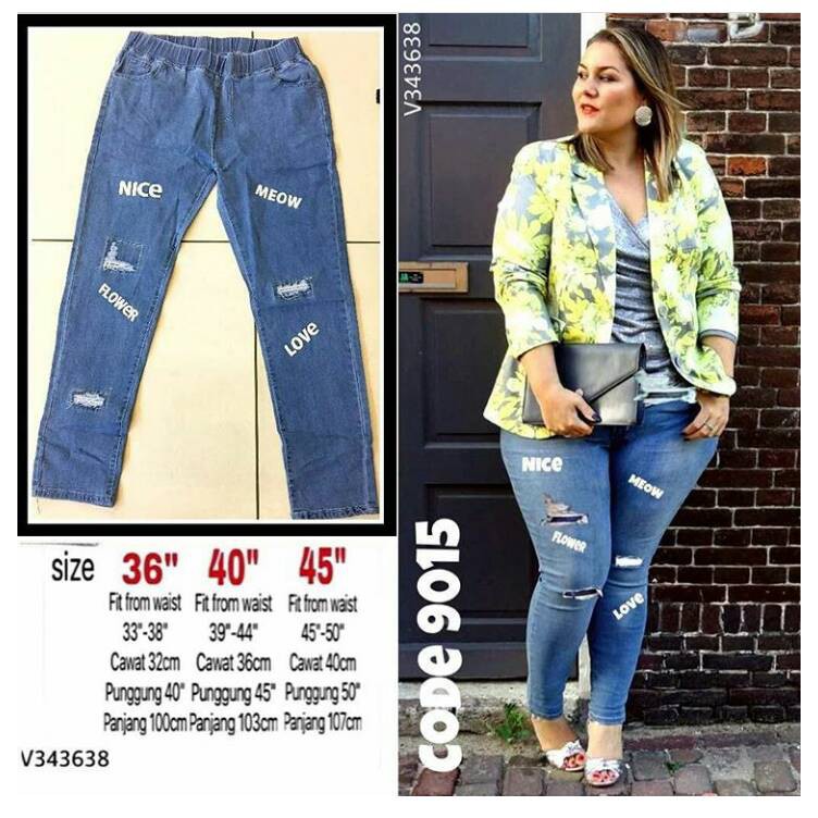 Skinny Ripped Jeans Women Plus Size Printed Design - Medium Blue (2XL-5XL) | Shopee Malaysia
