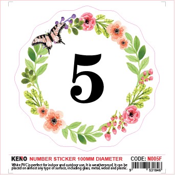 FANCY FLOWER NUMBER 5 VINYL STICKER WITH MATTE LAMINATED 100MM DIAMETER ...