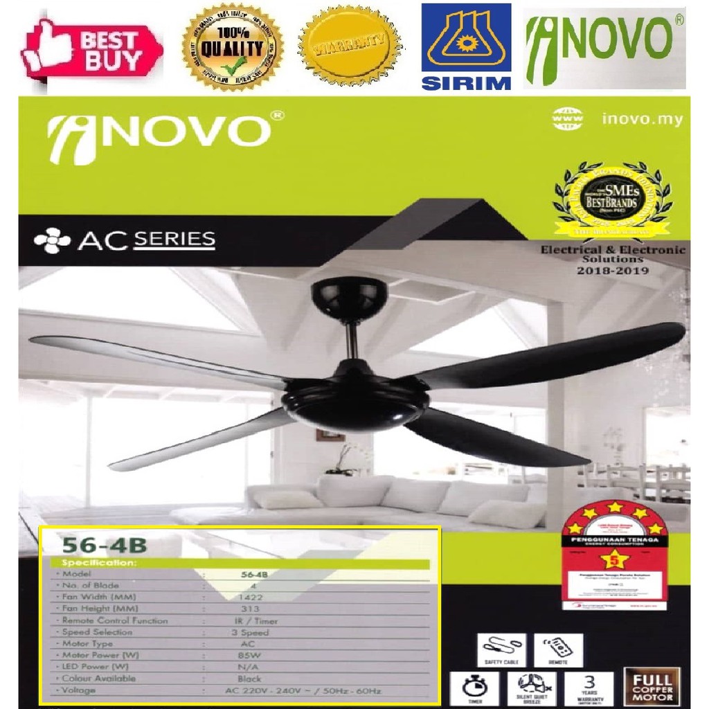 INOVO 56" Remote Control Ceiling FAN (4 Blade) (BLACK) | Shopee Malaysia