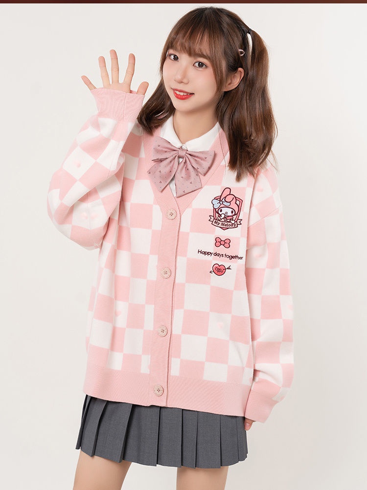 Sanrio jk Uniform Checkerboard Sweater Cardigan Cinnamon Dog Embroidery ...