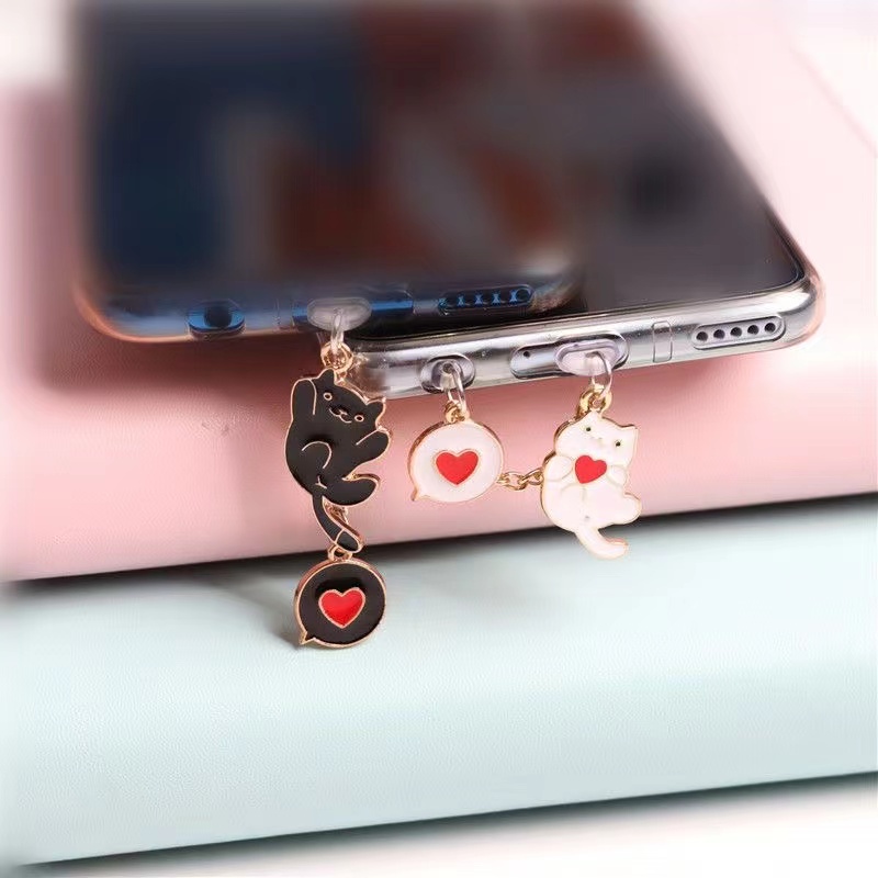 cute black white cat dust plug phone charm accessories android iphone ...