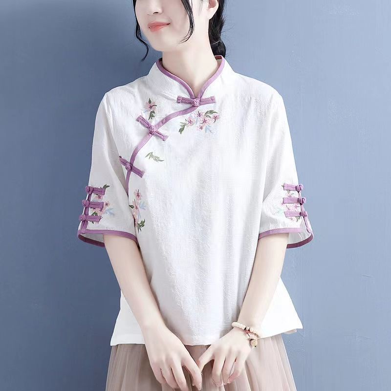 Cotton Linen Shirt Women's Embroidered Tang Suit Half-Sleeved Zen Tea ...