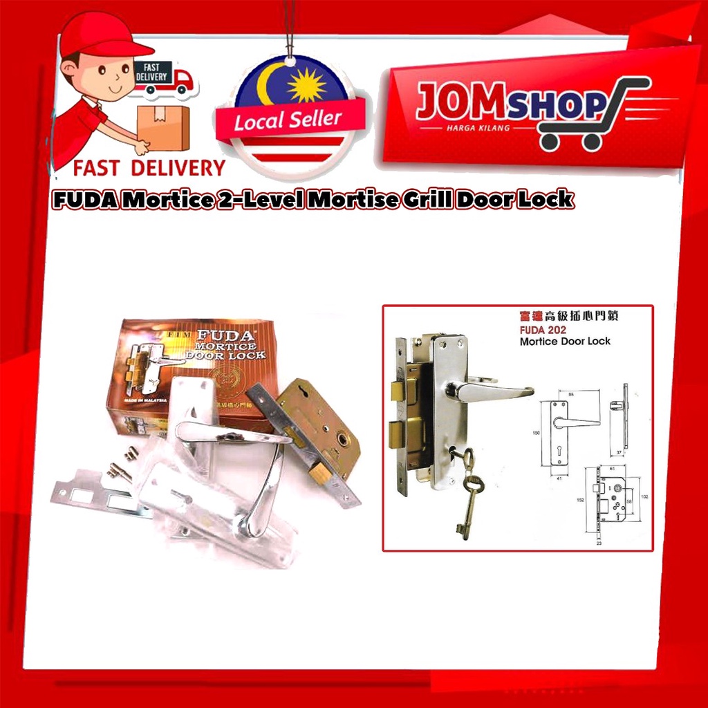 FUDA 2 LEVER MORTICE LOCK Mortise Grill Door 2 Lever Handle Lock Kunci ...