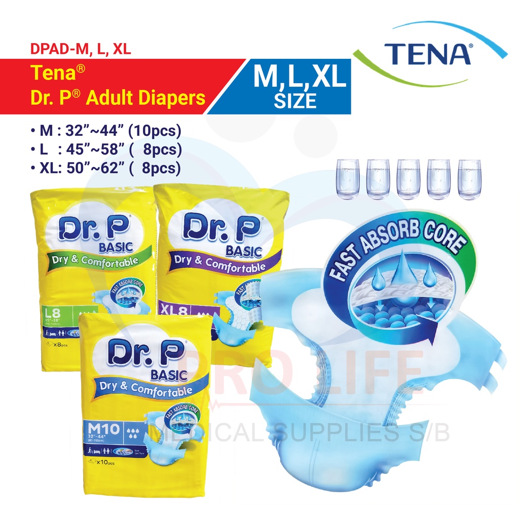Tena Dr. P Adult Diapers | Lampin Dewasa (M:32"~44")10pcs | (L:45"~58")8pcs | (XL:50"~62")8pcs ...