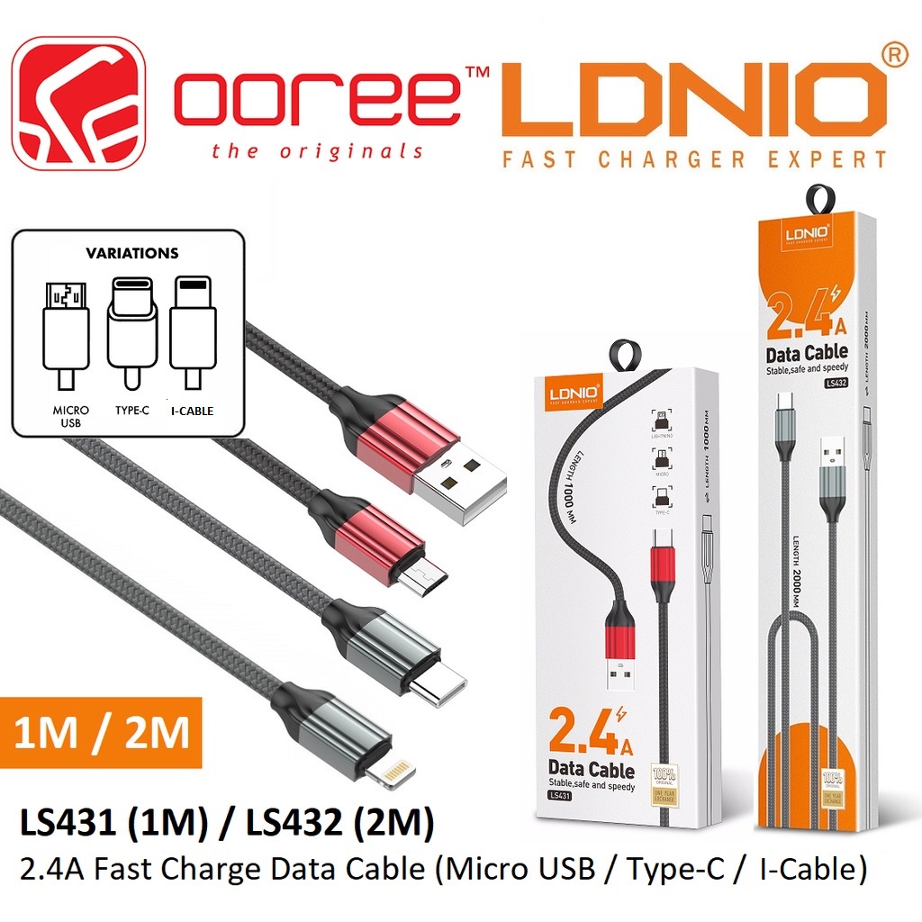 LDNIO LS431 (1 METER) / LS432 (2 METER) 2.4A MICRO USB / I-CABLE / TYPE-C USB-C FAST CHARGE ...