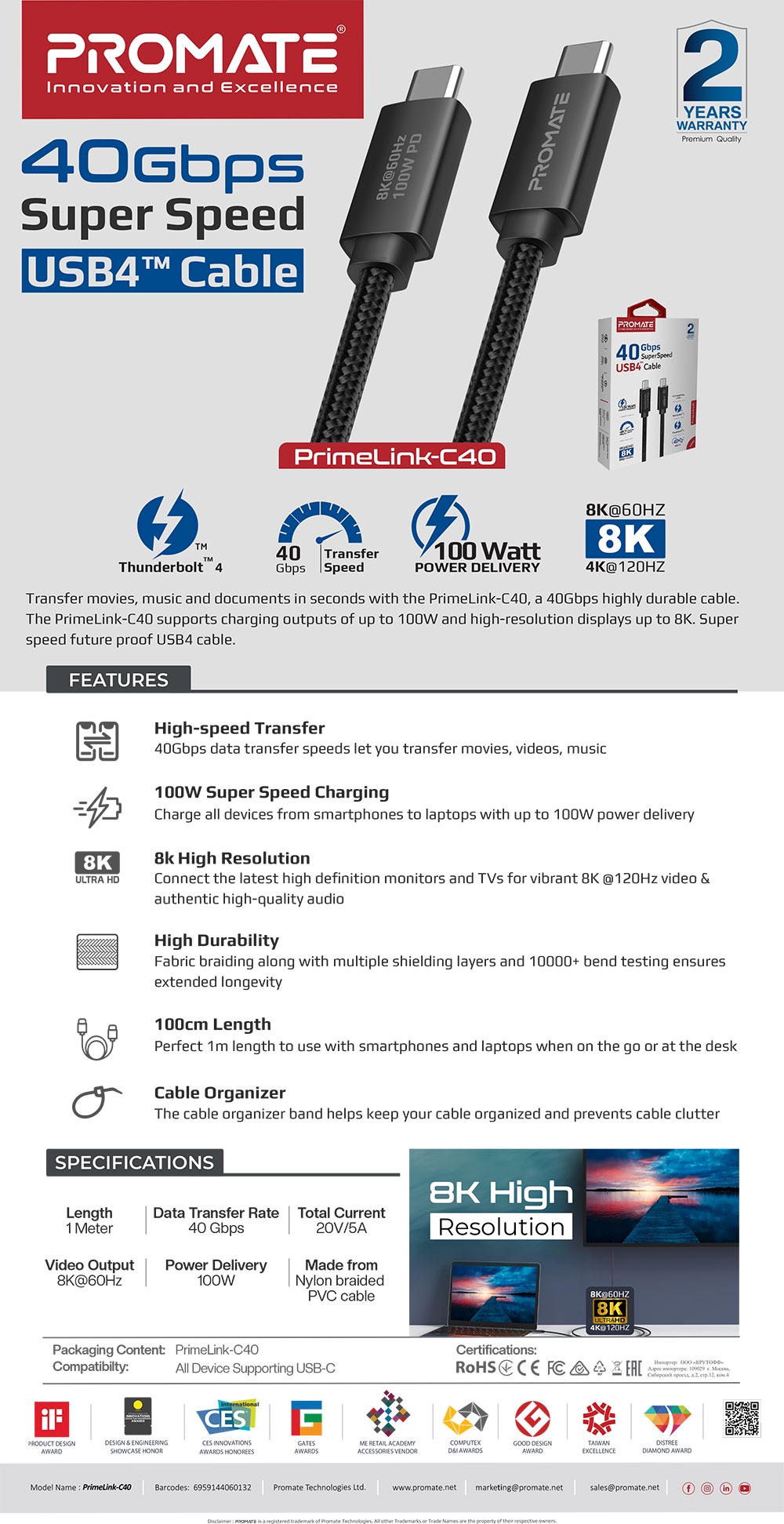 Promate USB-C™ Thunderbolt 4 USB4 100W Ultra HD 8k High-Speed 40Gbps ...