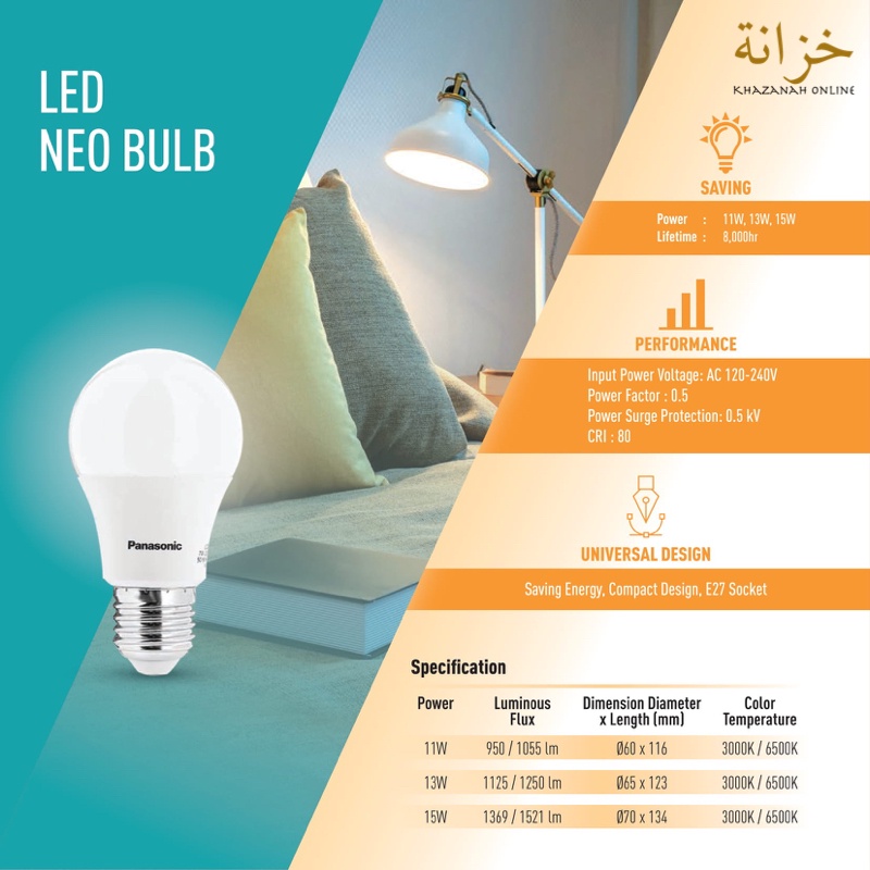 Panasonic NEO LED Bulb 11W 13W 15W | E27 ( 6500K Cool Daylight or 3000K ...