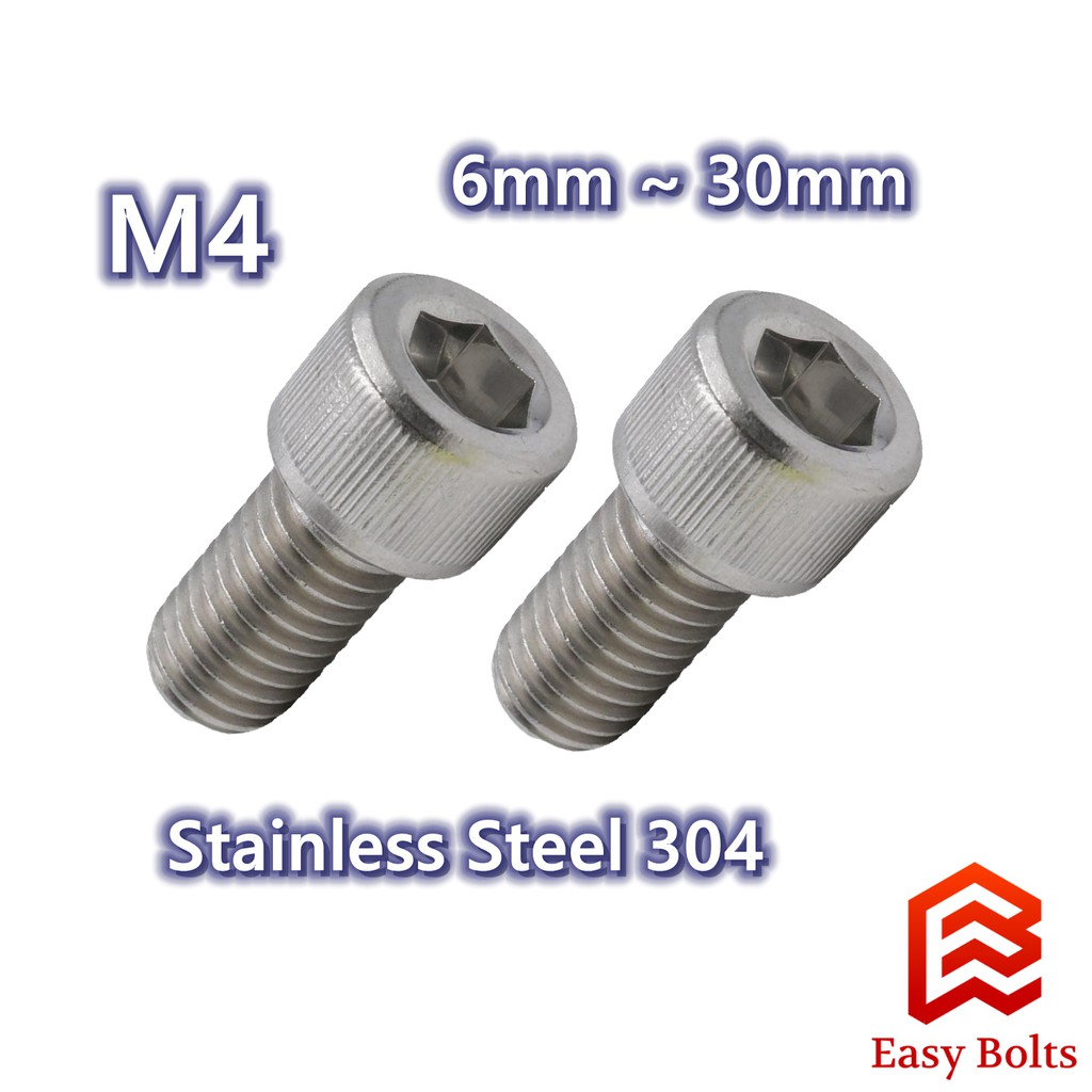 SS Socket Cap Screw M4 x 6mm ~ 30mm (Coarse Thread Pitch 0.7mm ...