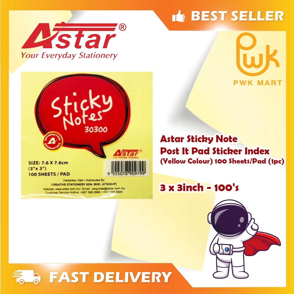 Astar Sticky 3"x3" Note Post It Pad Sticker Index (Yellow Colour) 100 ...
