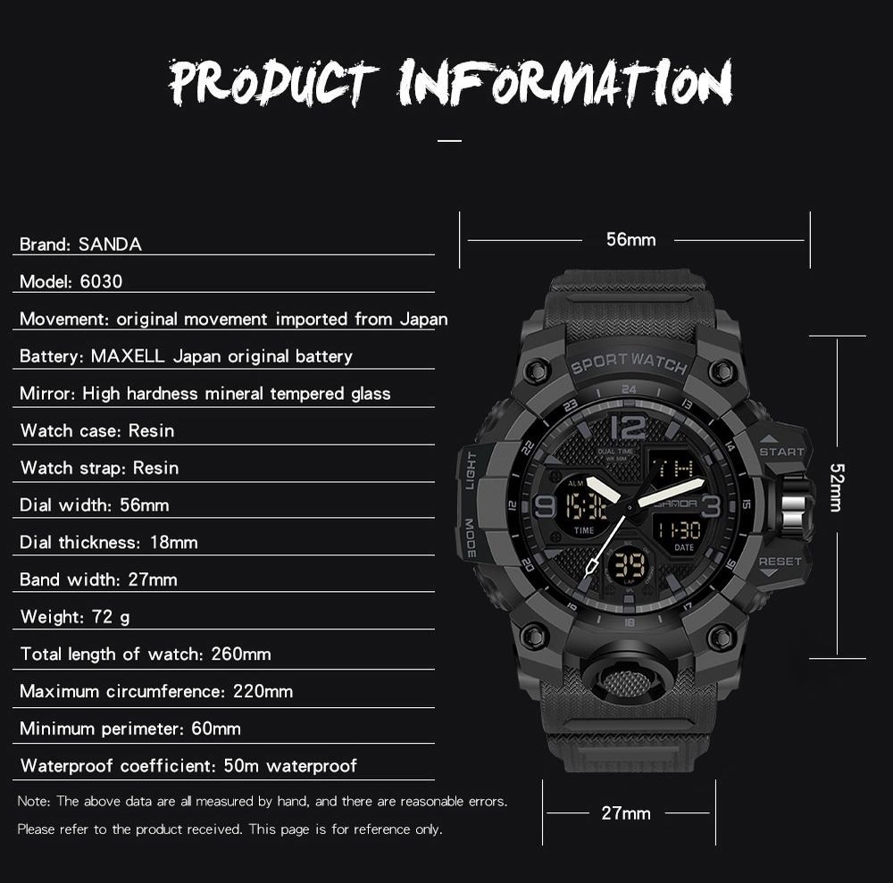 Sanda 6030 Sport Watch Waterproof Luminous Display Dual Display ...