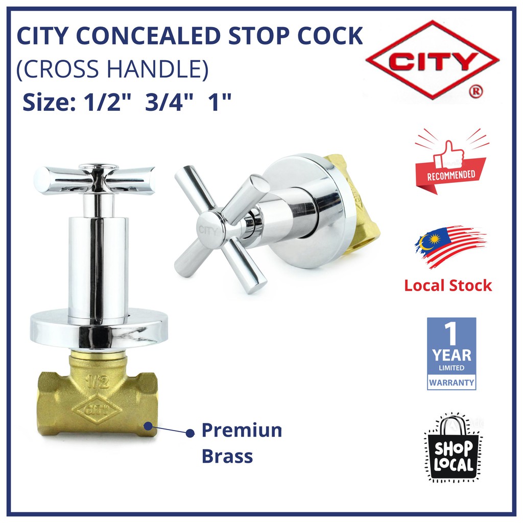 CITY 1/2" Cross Handle Stopcock Chrome Stop Cock 1/2" 3/4" 1" CITY High ...