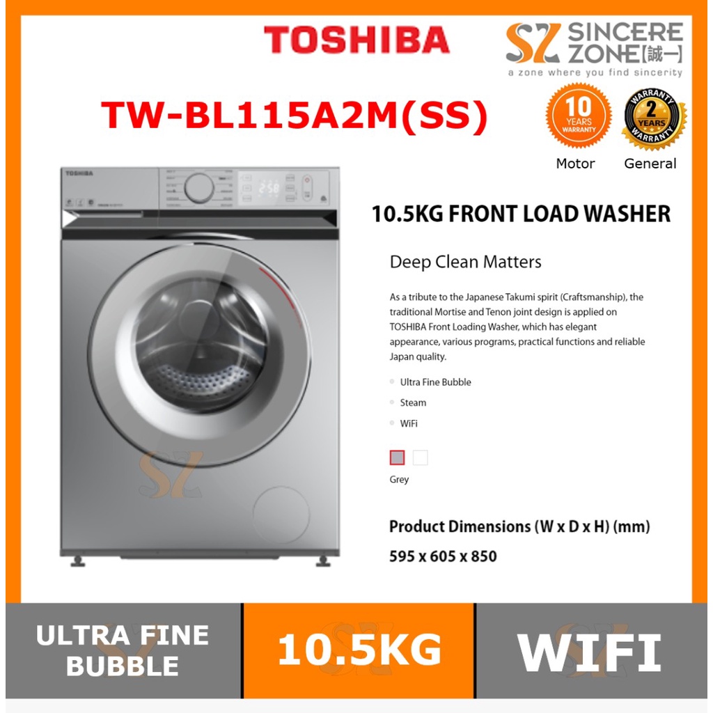 Toshiba TW-BL115A2M(SS) 10.5Kg Front Load Washer | Shopee Malaysia